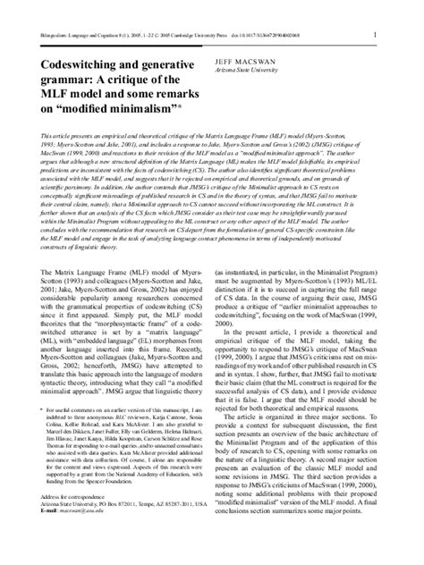 Pdf Codeswitching And Generative Grammar A Critique Of The Mlf Model