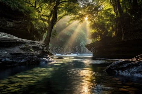 Sun Beams Streaming Through Trees Onto A Secluded Natural Pool Stock