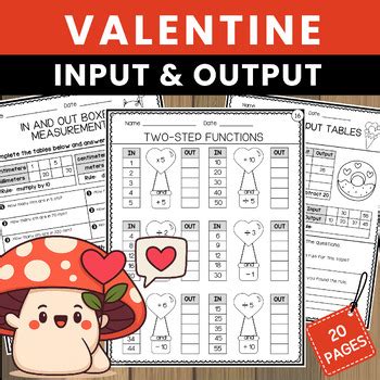Valentine: Input & Output tables| Rules| Operations| Word Problems| Worksheet
