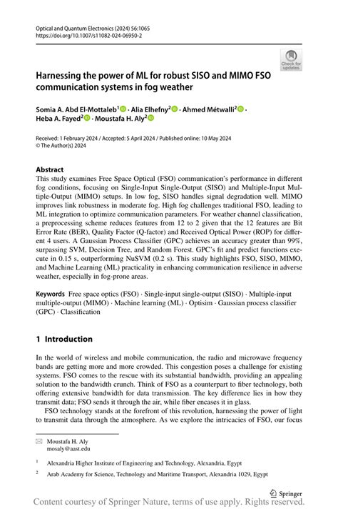 Pdf Harnessing The Power Of Ml For Robust Siso And Mimo Fso