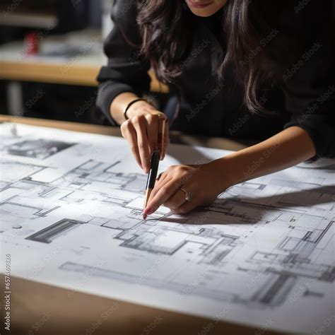 Woman Working On Archicad Autocad Drawings She Sit At The Desk In Light Loft Interior Mark