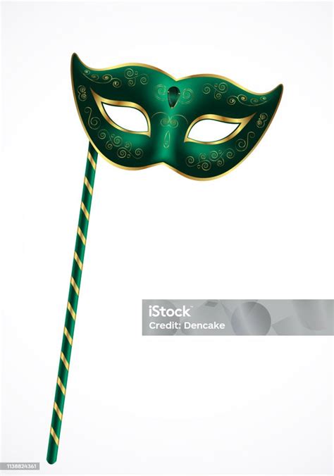 흰색 배경에 고립 된 손잡이와 금 장식 그린 카니발 연극 마스크 벡터 일러스트 레이 션 Mardi Gras에 대한 스톡 벡터