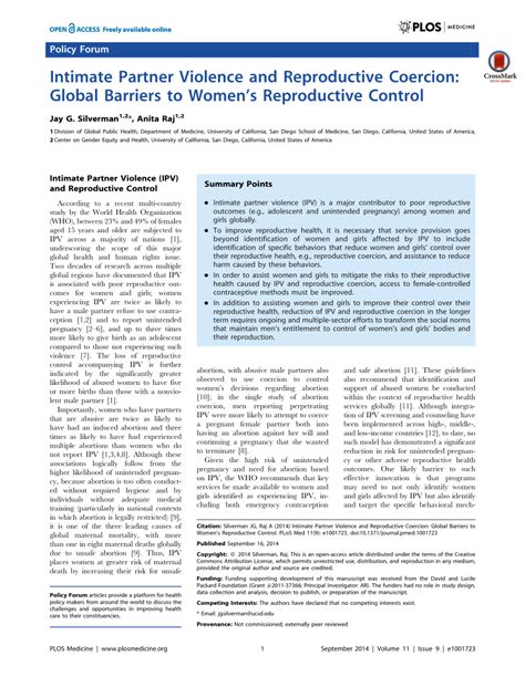 Pdf Intimate Partner Violence And Reproductive Coercion Global
