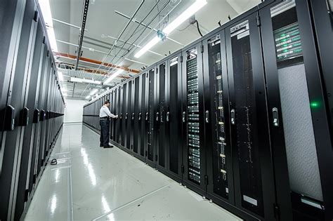 technician inspecting server racks in a brightly lit server room