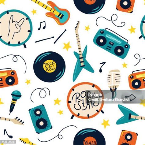 복고풍 악기 매끄러운 패턴 간단한 낙서 만화 유치한 스타일로 기타 드럼 테이프 레코더의 다채로운 일러스트레이션을 손으로 그렸습니다 아기 직물 벽지 포장을 위해 0명에 대한