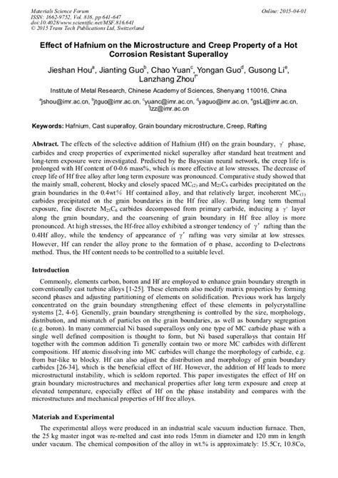 Effect Of Hafnium On The Microstructure And Creep Property Of A Hot Corrosion Resistant