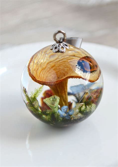 Handmade pendant with real mushrooms, moss, forget-me-not and ...