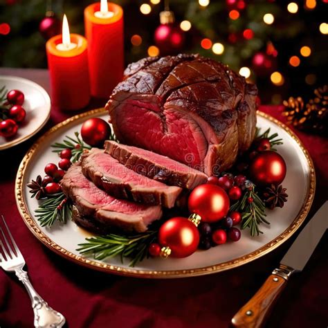Traditional Gourmet Meal Of Roast Beef Plated With Festive Christmas