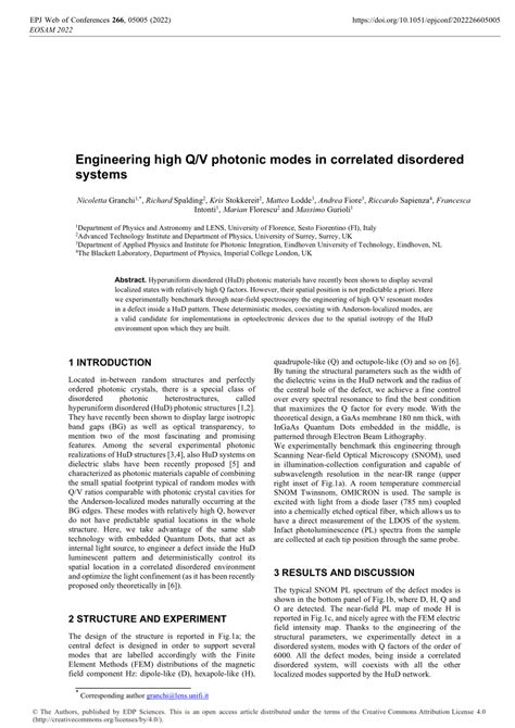 Pdf Engineering High Qv Photonic Modes In Correlated Disordered Systems