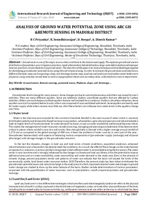 Pdf Irjet Analysis Of Ground Water Potential Zone Using Arc Gis Andremote Sensing In Madurai