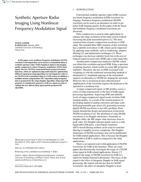 Pdf Synthetic Aperture Radar Imaging Using Nonlinear Frequency Modulation Signal