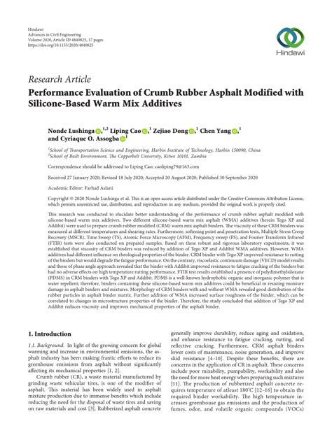 Pdf Performance Evaluation Of Crumb Rubber Asphalt Modified With Silicone Based Warm Mix Additives