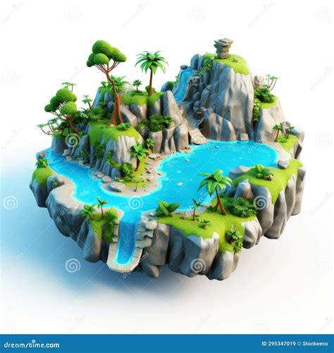 Colorful 3d Island With Luminous Trees And Palm Trees Stock