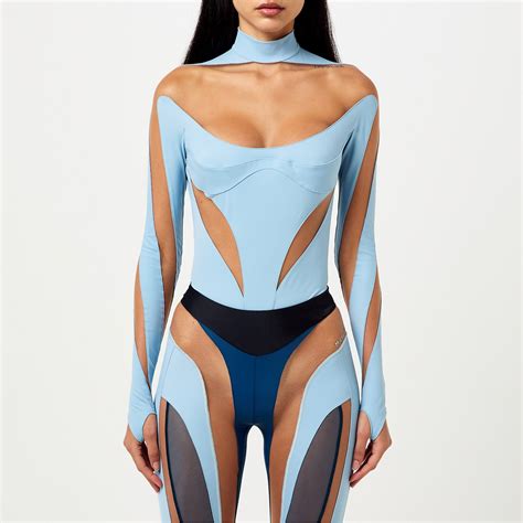 Mugler Sheer Panelled Metallic Bodysuit Women Bluenude Flannels