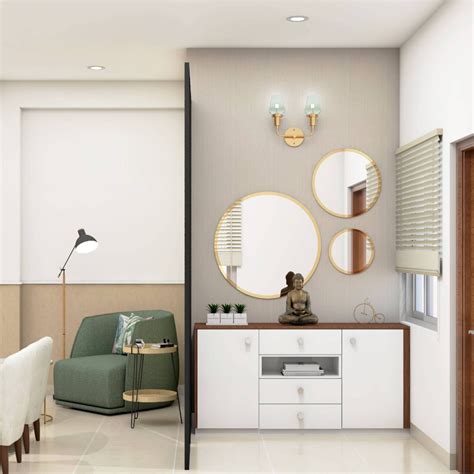 Spacious Foyer Design With 3 Round Mirrors And Wall Lights Livspace