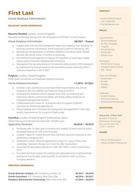 Oracle Database Administrator Resume Examples For 2025 Resume Worded