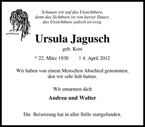 Traueranzeigen Von Ursula Jagusch Trauer In Nrw De