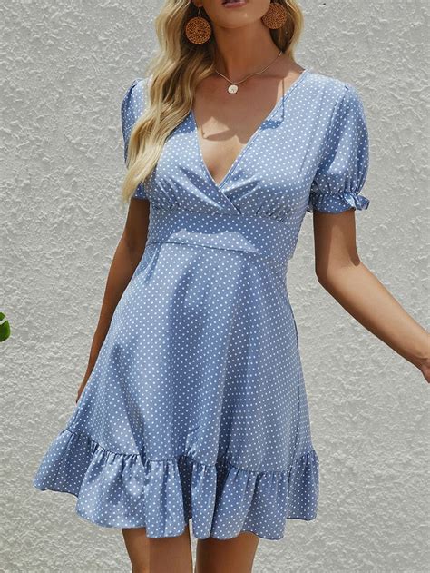 Polka Dot Ruffle Hem Dress Polka Dress Pink Dress Casual Blue