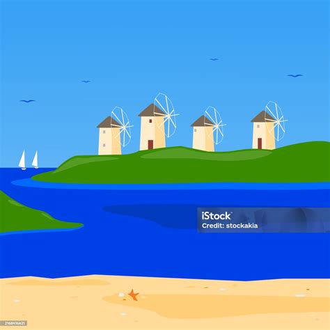 여름에는 그리스 섬 해변 맑고 푸른 하늘 아래 바다와 범선의 전통적인 풍차 벡터 일러스트 레이 션 미코노스에 대한 스톡 벡터 아트 및 기타 이미지 Istock