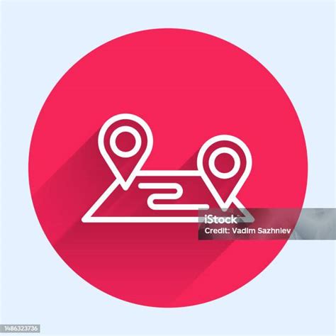 긴 그림자 배경으로 격리된 흰색 선 경로 위치 아이콘입니다 지도 포인터 기호입니다 경로 또는 도로의 개념입니다 Gps 네비게이터