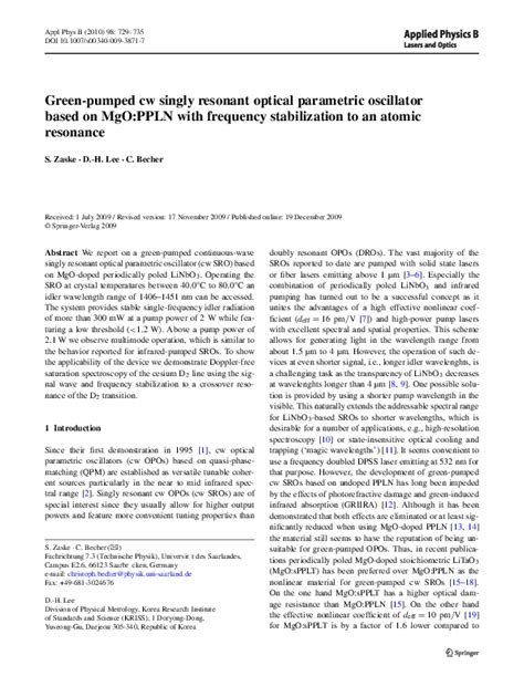 Pdf Green Pumped Cw Singly Resonant Optical Parametric Oscillator Based On Mgoppln With