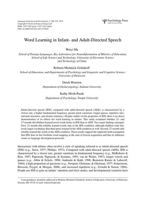 Pdf Word Learning In Infant And Adult Directed Speech
