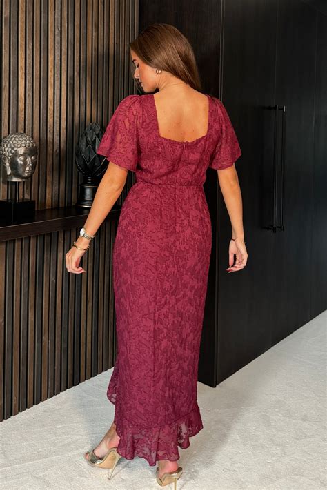 Heidi Floral Burnout Ruched Midi Dress Wine