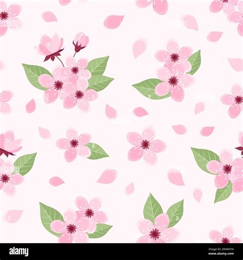 Pink Cherry Seamless Pattern With Flowers Buds And Leaves On Soft Pink