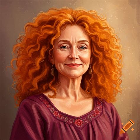 A Mature Woman With Curly Orange Hair Wearing A Purple Shirt On Craiyon