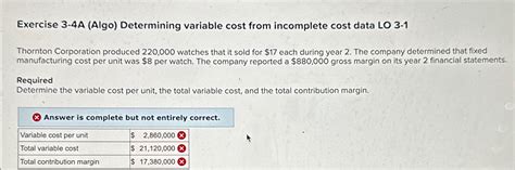 Exercise 3 4A Algo Determining Variable Cost From Chegg