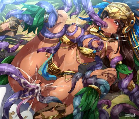 Rule 34 1girls Arai Nobu Armlet Aztec Aztec Headgear Blush Bracelet Braid Breast Squeeze