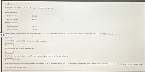 Solved Cost Definitionspicante Inc Provided The Following