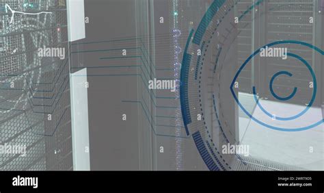 Image Of Eye Retina Round Scanner And Microprocessor Connections Against Computer Server Room