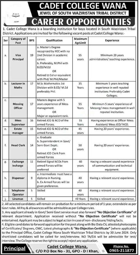 Cadet College Wana Jobs 2024 Apply Online