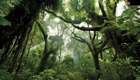 Green Jungle Rainforest Tree Canopy View From Bottom To Top Stock