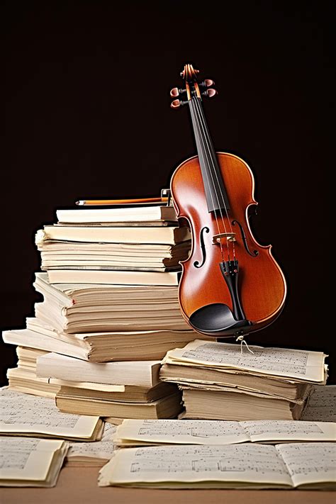 A Violin Lies On The Top Of A Crowded Stack Of Paper Background