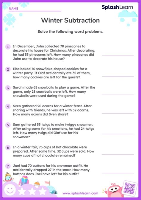 Subtract Within 100 Winter Word Problems Worksheet