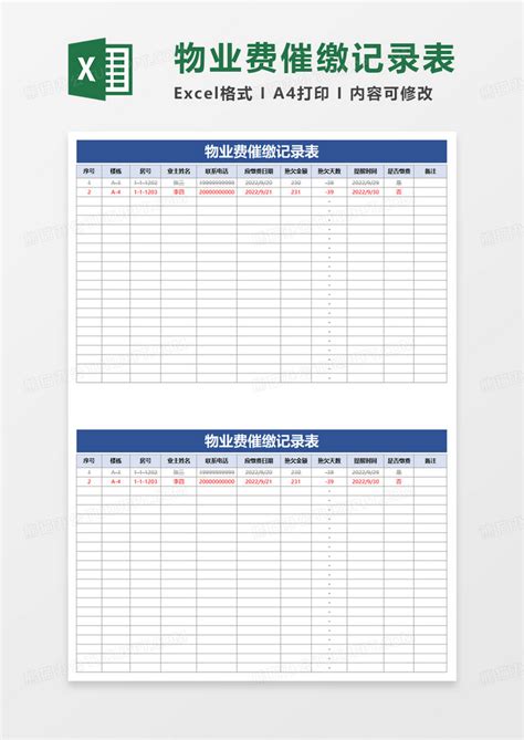 物业费催缴记录表excel模板下载熊猫办公