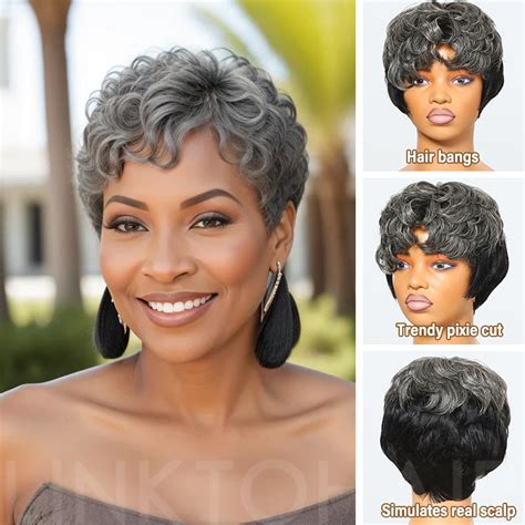 Salt And Pepper Edgy Pixie Cuts Wig With Natural Wave Bangs Glueless Hum