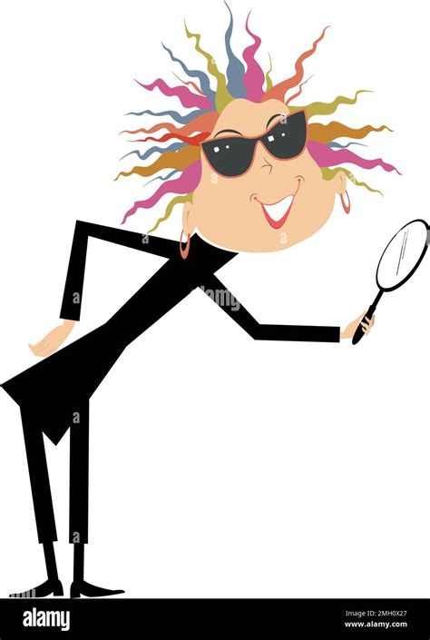Funny Young Woman Holding Magnifying Glass Illustration The Woman In Sunglasses Is A Detective