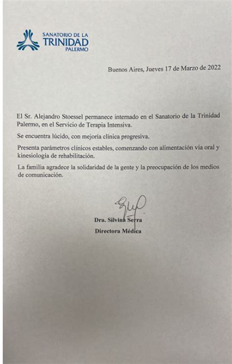 Nuevo parte médico de Alejandro Stoessel Lúcido y con mejora clínica