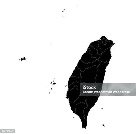 흰색 배경에 흑백 윤곽선을 포함하여 높은 세부 사항이 있는 대만 지도 벡터 검은색 실루엣 0명에 대한 스톡 벡터 아트 및 기타