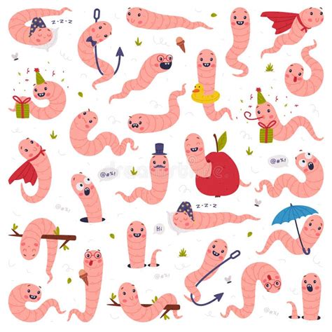Funny Pink Worm Character With Long Tube Body And Smiling Face Vector Set Stock Vector