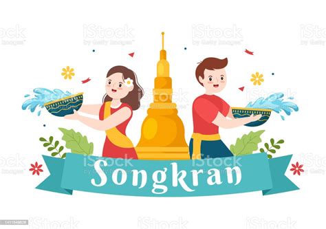 해피 송크란 축제 날 손으로 그린 만화 일러스트 레이 션 태국에서 물 총을 연주 플랫 스타일 배경 디자인에서 축하 4월에 대한