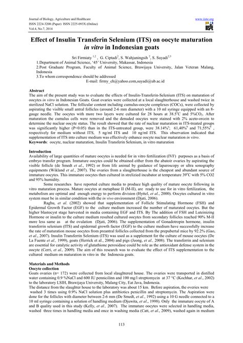 Pdf Effect Of Insulin Transferin Selenium Its On Oocyte Maturation In Vitro In Indonesian Goats