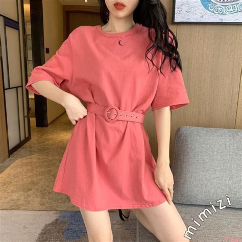 大尺碼洋裝連身裙網紅t恤女中長款配腰帶短袖寬松2021百搭ins體恤連衣裙純色學生bf 蝦皮購物