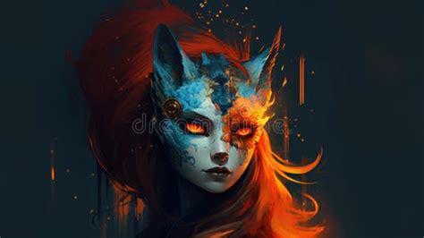 Fierce Kasai Kitsune Female Fox With Fiery Flame Red Hair And Piercing Gaze Generative Ai