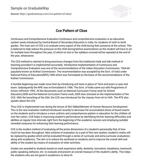 Cce Pattern Of Cbse 1089 Words Free Essay Example On Graduateway