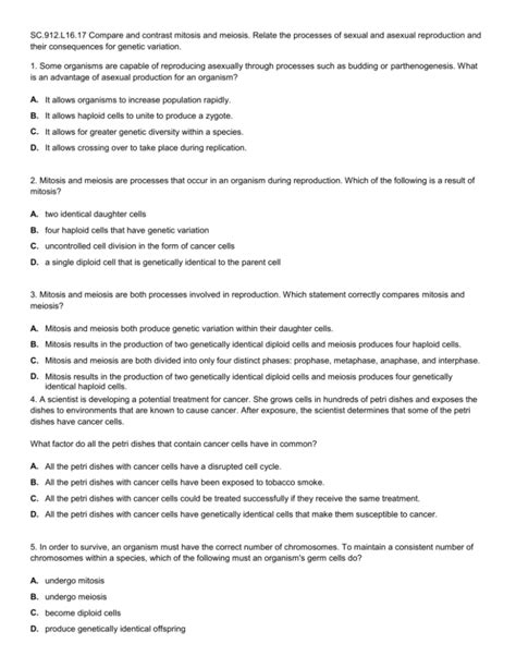 Sc912l1617 Compare And Contrast Mitosis And Meiosis Relate