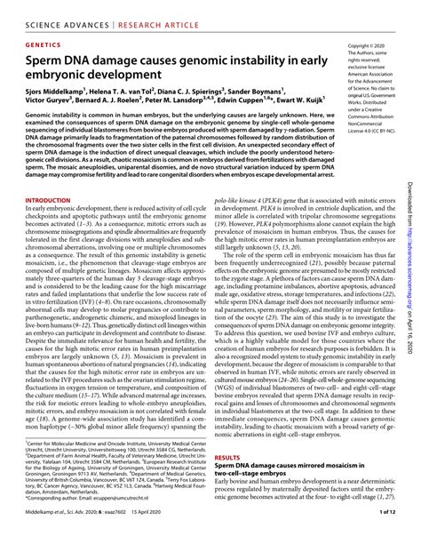 Pdf Sperm Dna Damage Causes Genomic Instability In Early Embryonic
